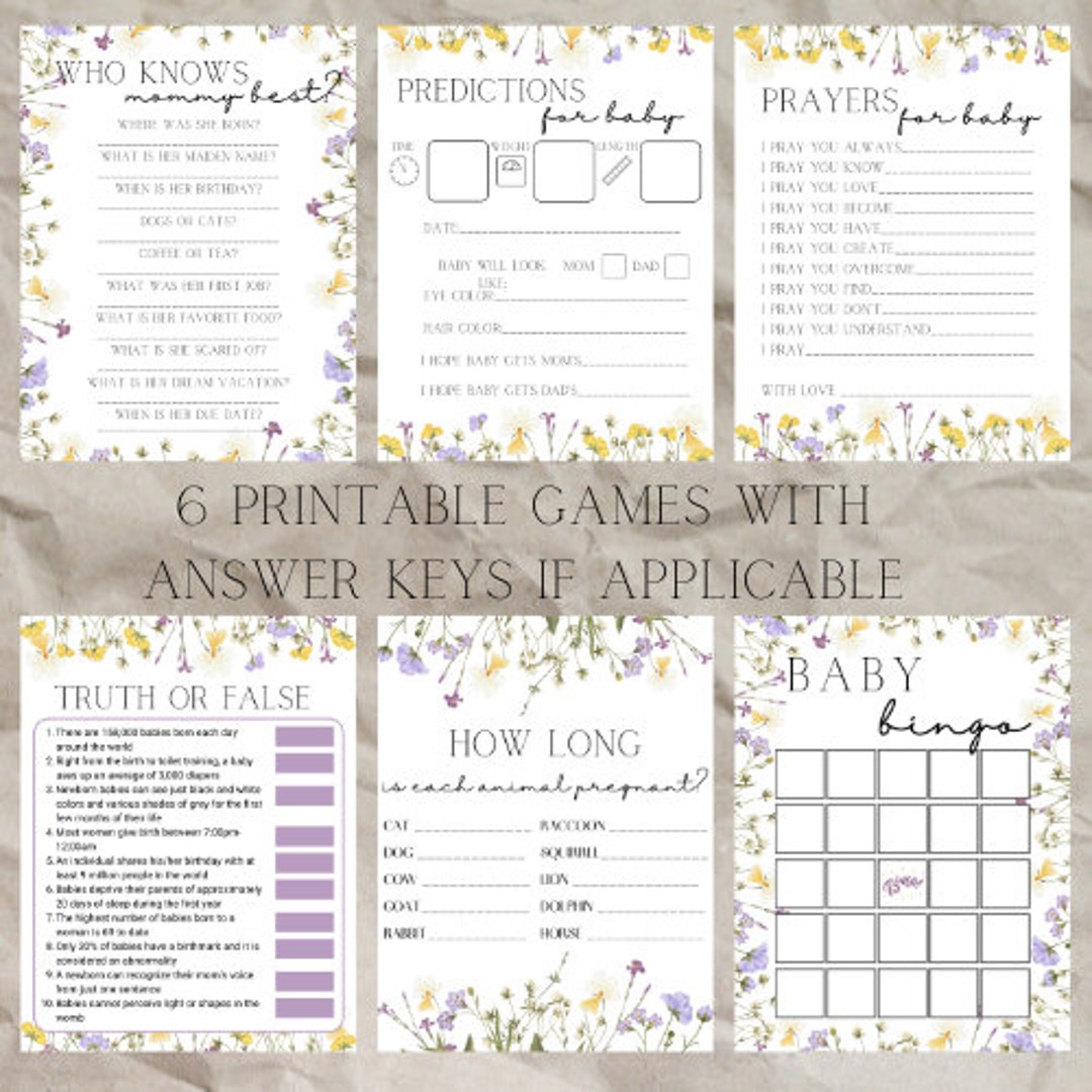 Baby Shower Game Bundle Printable Baby Shower Games With Wildflower ...