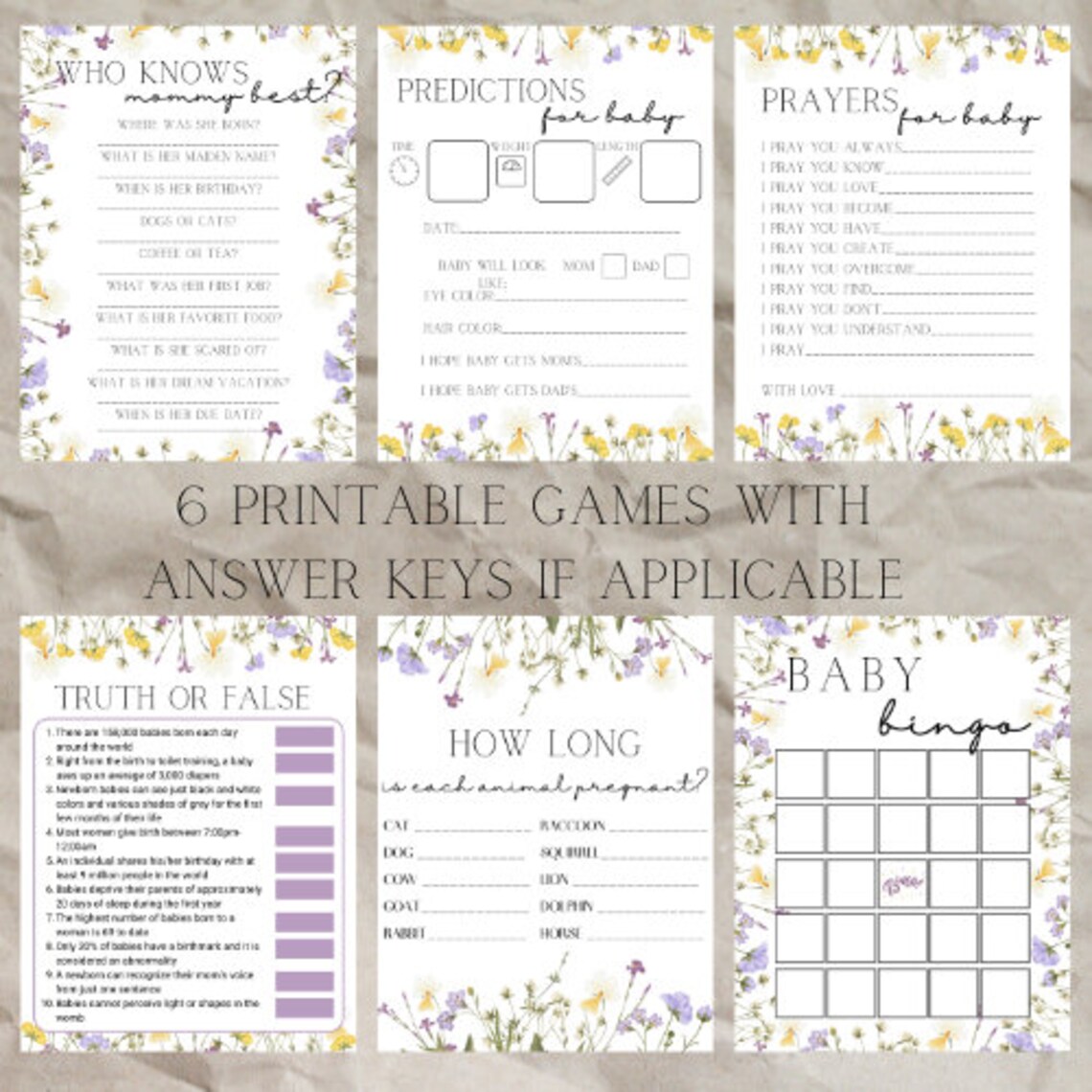 Baby Shower Game Bundle Printable Baby Shower Games With Wildflower ...