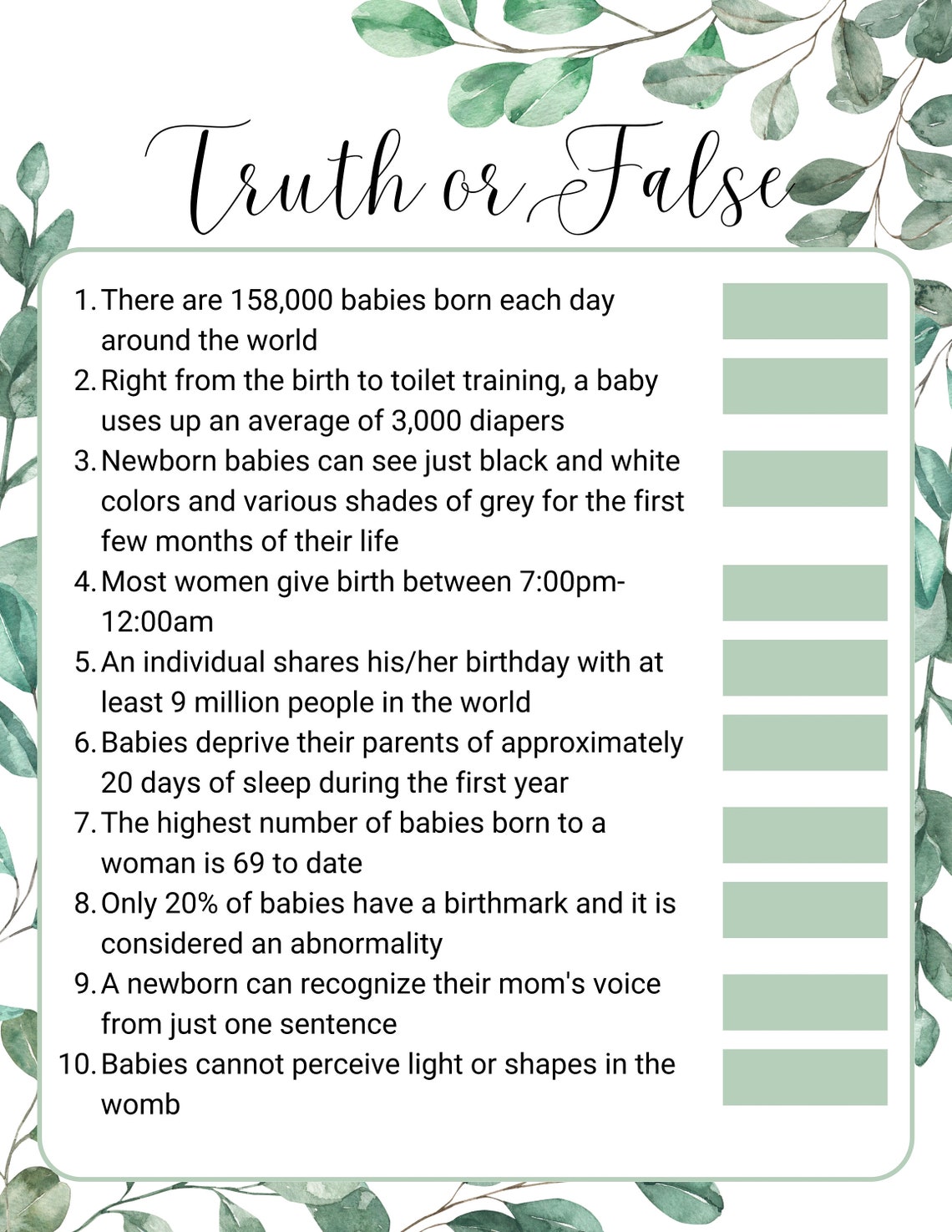 Truth or False Baby Shower Game Printable Baby Shower Games - Etsy