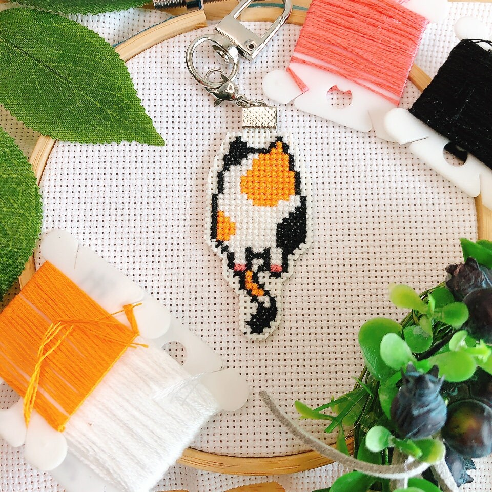 Jumping Calico Cat Cross Stitch Pattern: Double-sided Keychain Design ...