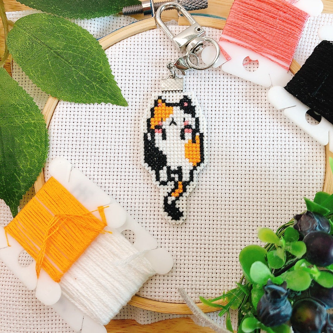 Jumping Calico Cat Cross Stitch Pattern: Double-sided Keychain Design ...