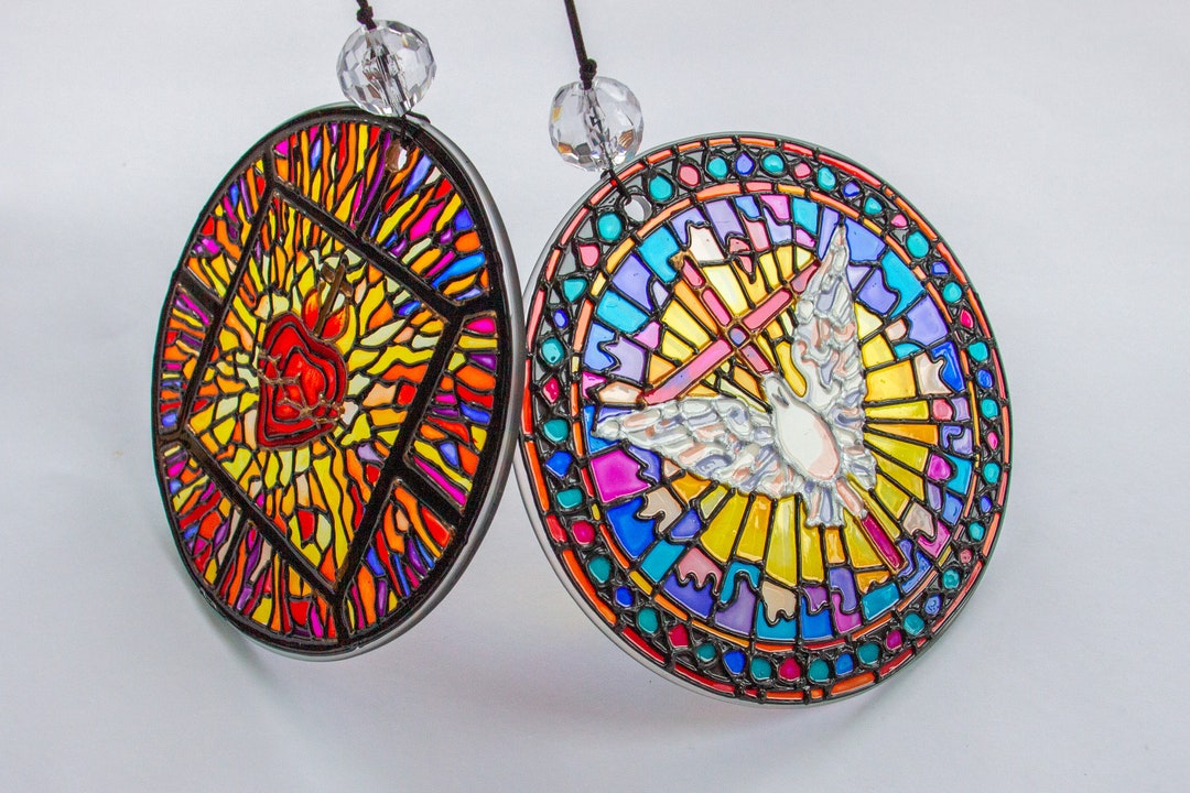 Stain Glass Suncatcher window Decor Set Christian Gift, Sacred Heart of ...