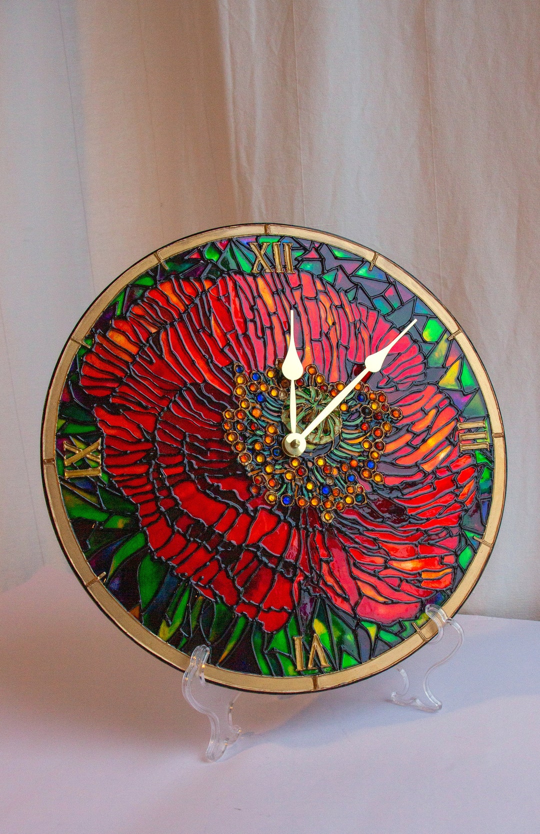 Wall Clock Stained Glass Red Flower | Christmas Gift for Mother Stain ...
