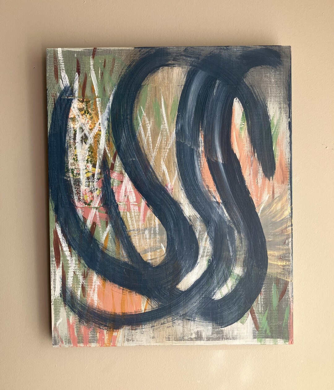 Drama, Abstract Painting by Pat Pendleton in Navy, Pink, Yellow ...