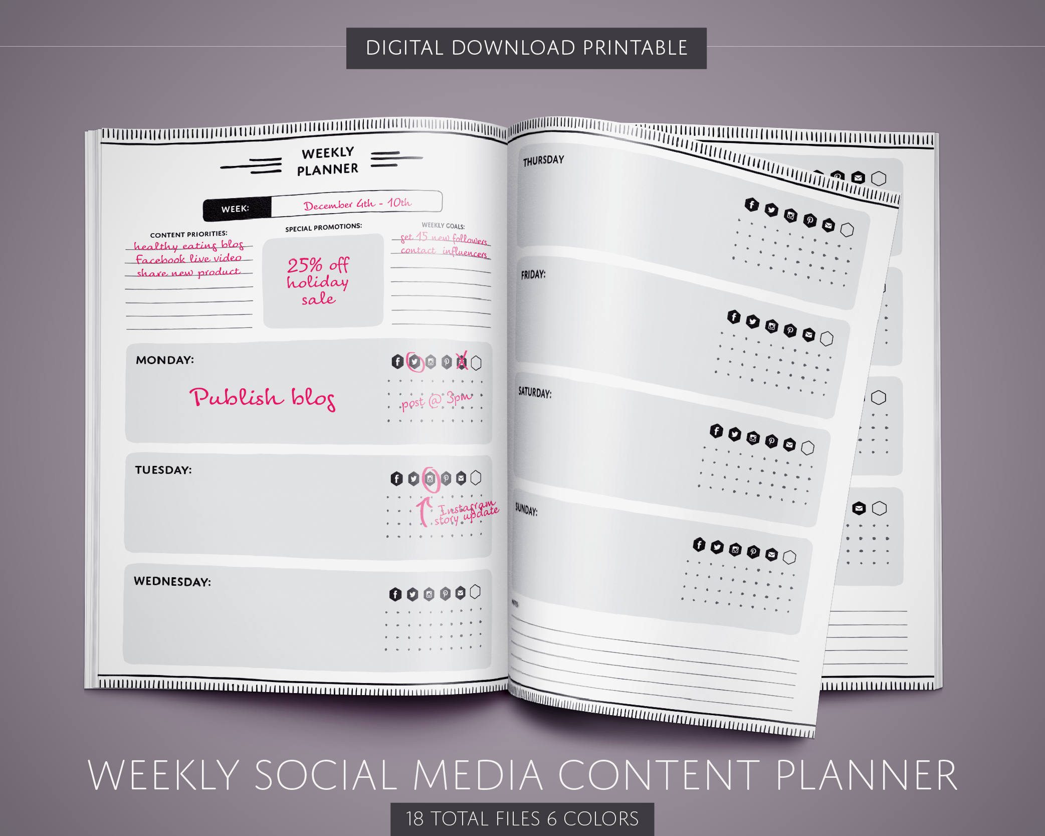 PRINTABLE Weekly Social Media Planner Digital Download Content ...
