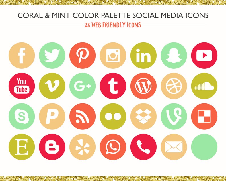 560 Social Media Icons! Coral & Mint Color Palette- PNG Files- Digital ...