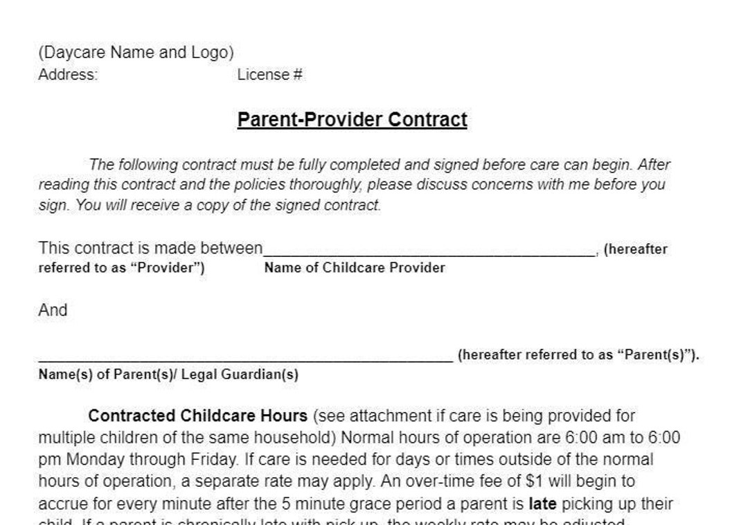 Daycare/childcare Contract Parent Provider Policies TEMPLATE Digital ...