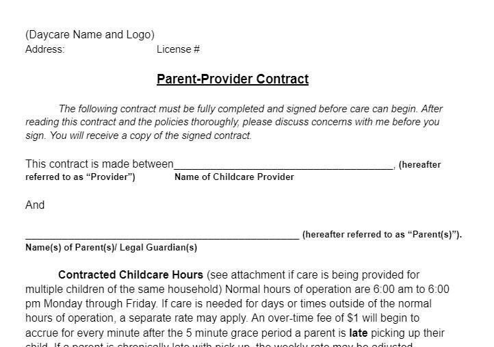 Daycare/childcare Contract Parent Provider Policies TEMPLATE Digital Download - Etsy