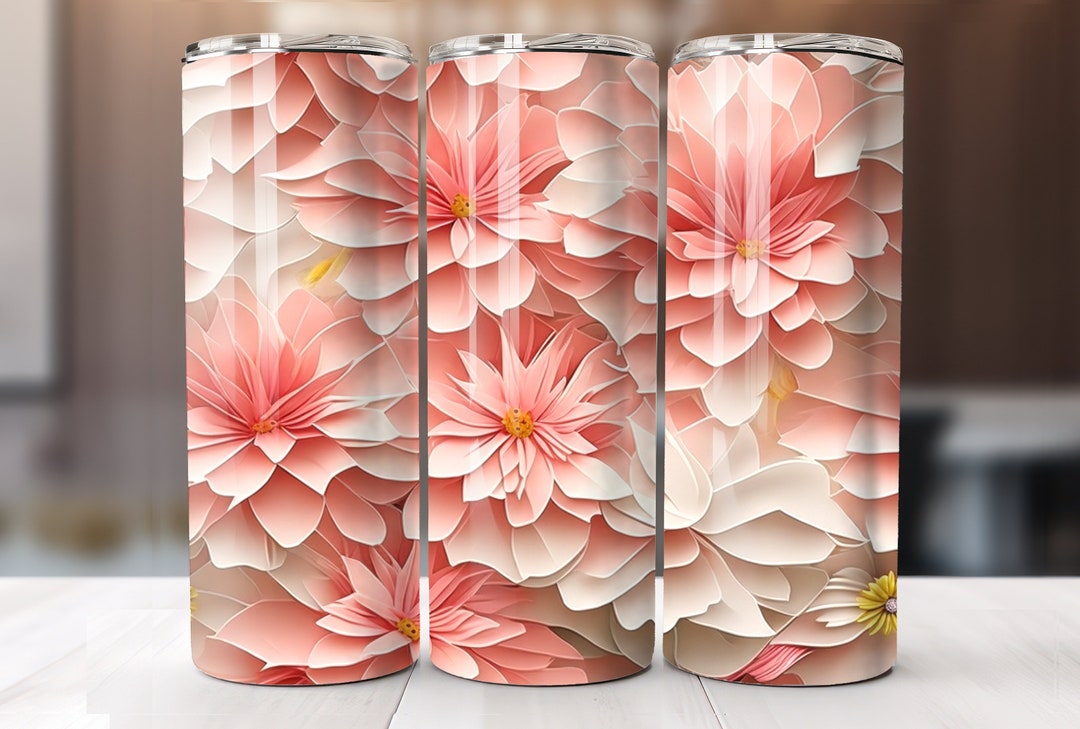 3D White and Pretty Pink Flowers 20 Oz Skinny Tumbler Sublimation ...