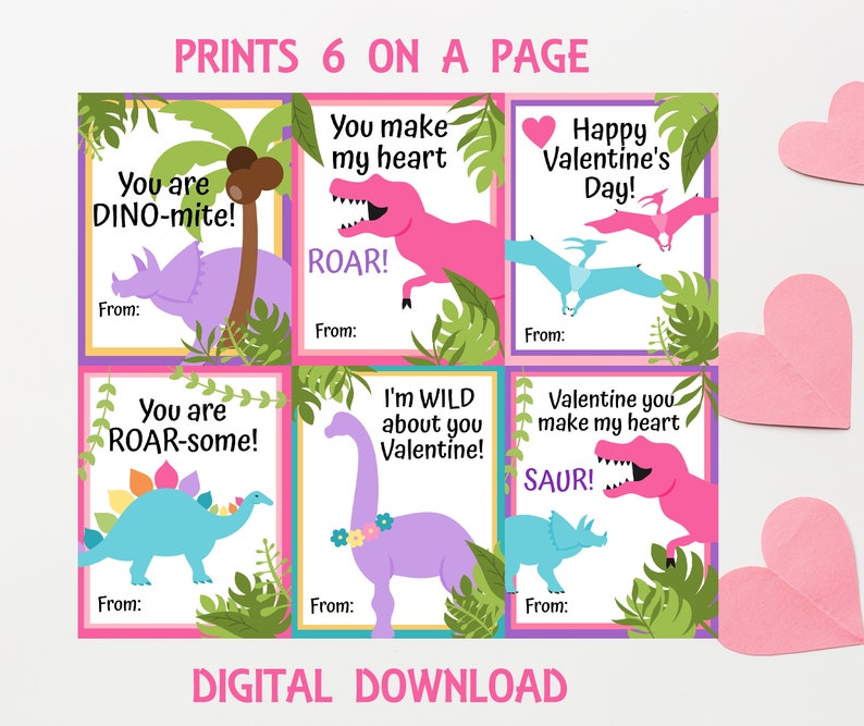 DINOSAUR Valentines Day Cards, Valentines Cards for Kids Classroom ...