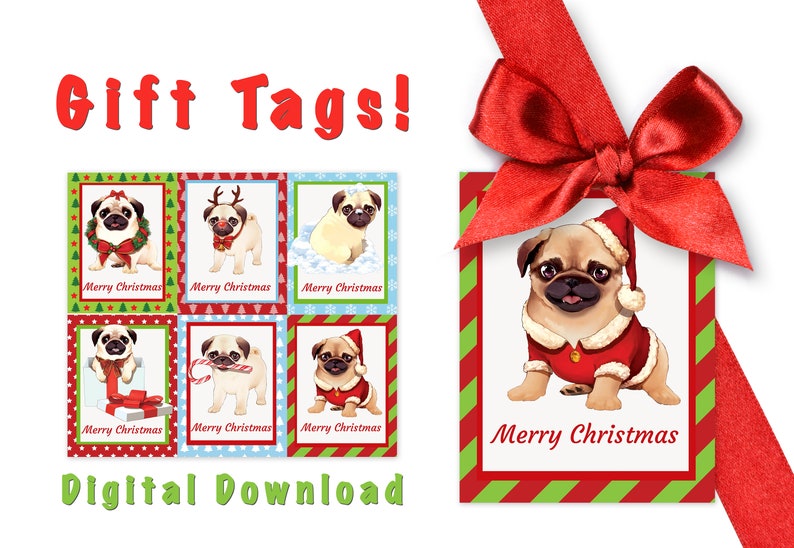 PRINTABLE Christmas Pug Gift Tags, Secret Santa, Christmas Labels, Pug ...
