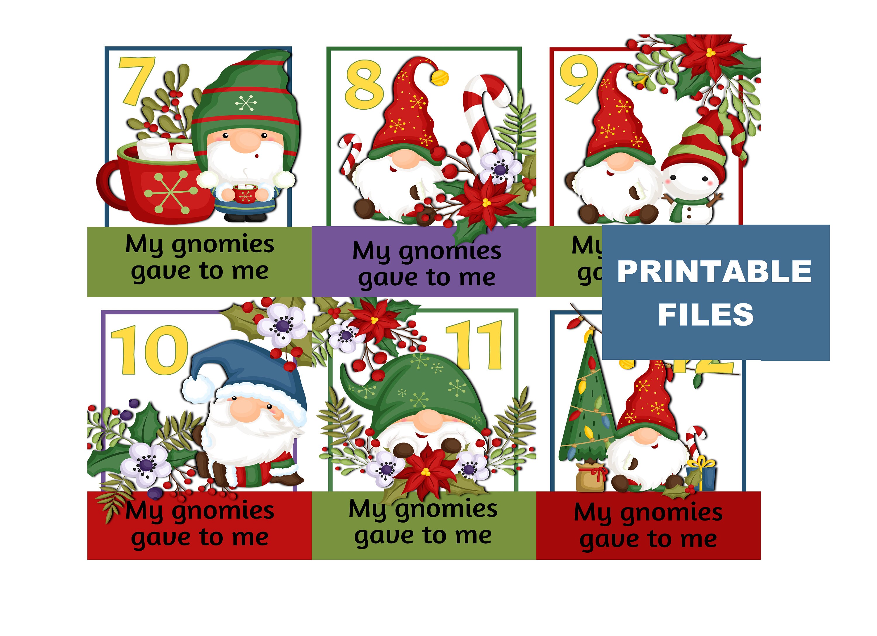 12 Days of Gnomes Christmas PRINTABLE Tags, Secret Santa Tags for ...
