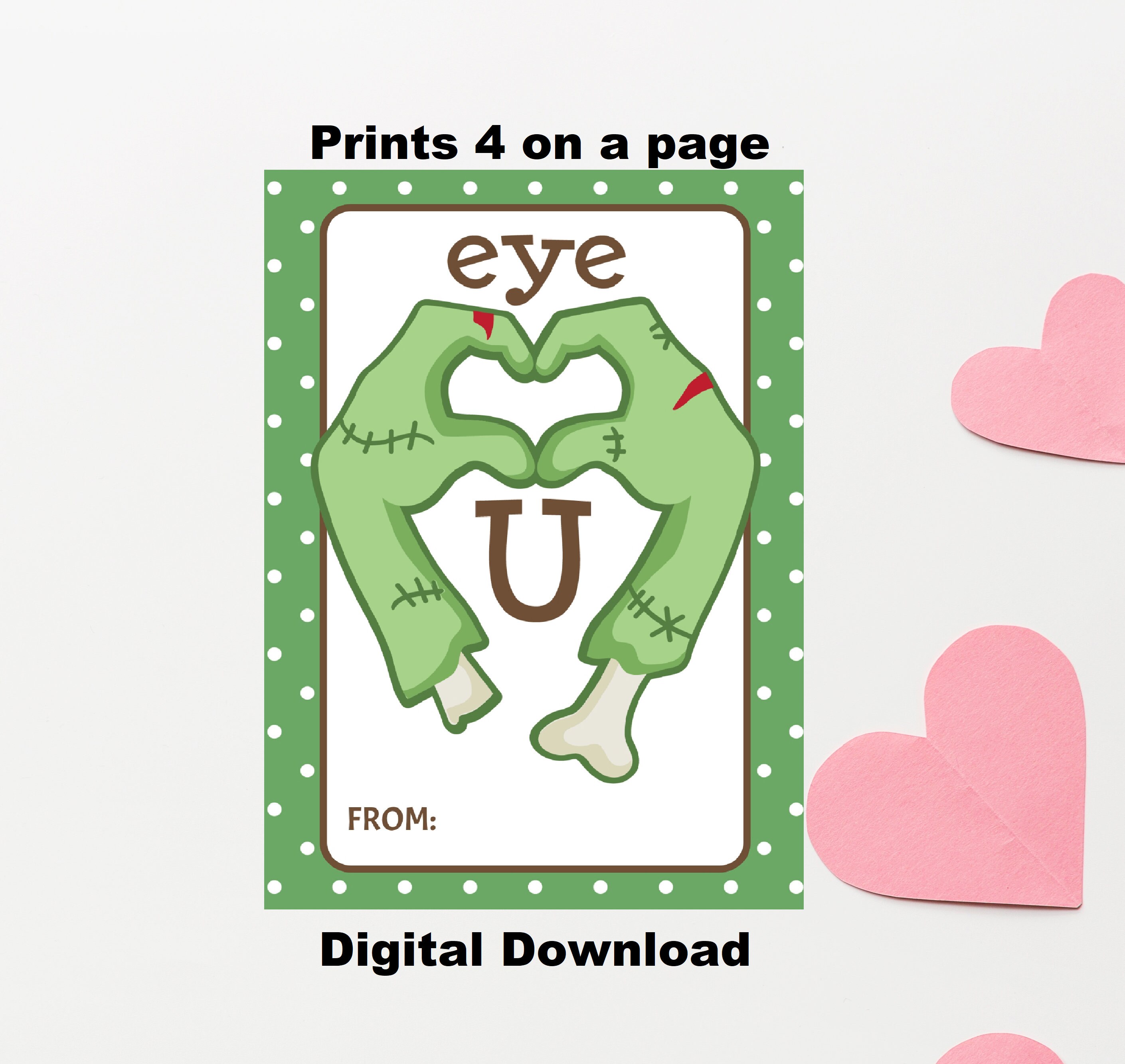 Zombie Love Card, PRINTABLE School Valentine, Zombie Heart Hands, Boys ...