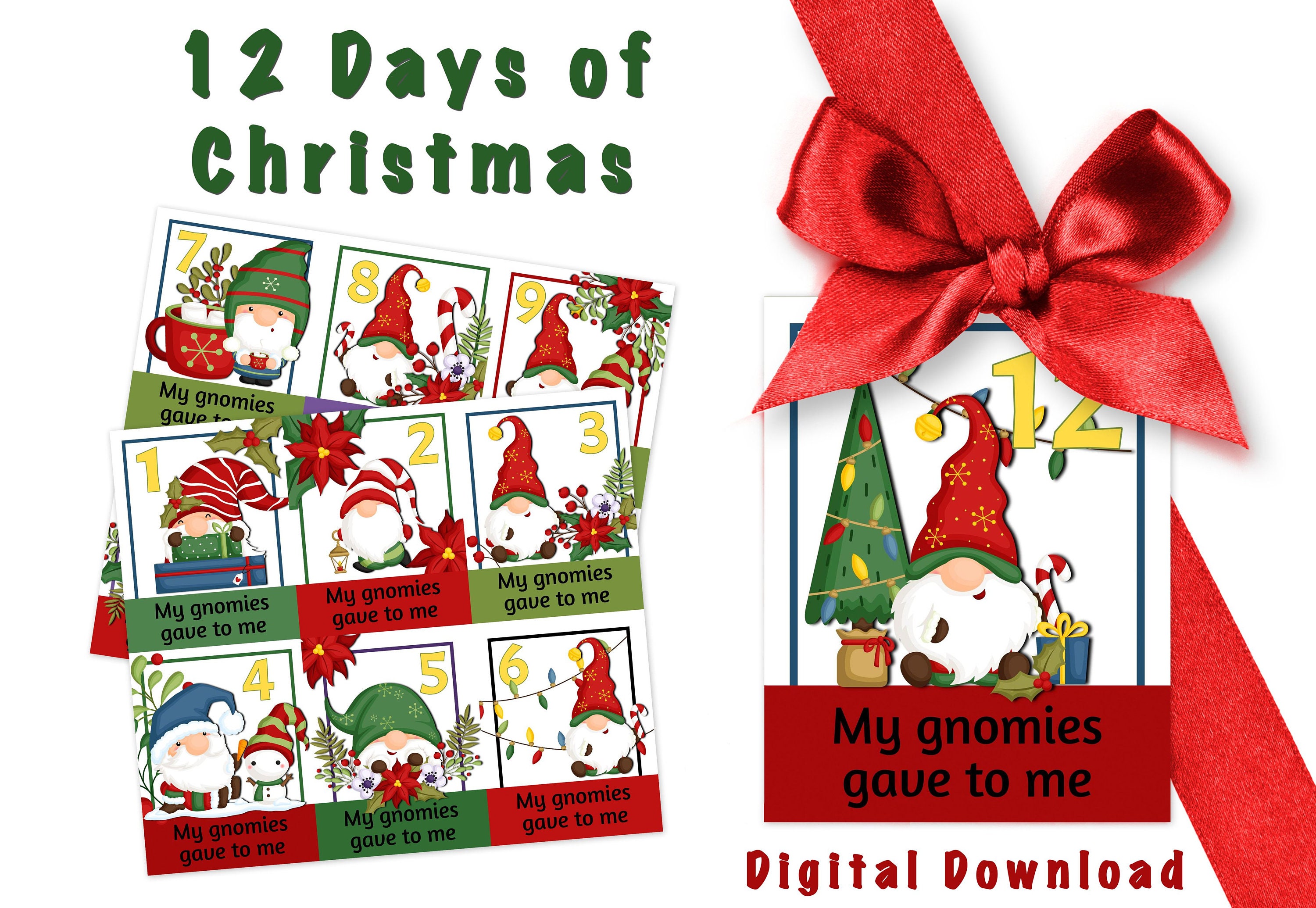 12 Days of Gnomes Christmas PRINTABLE Tags, Secret Santa Tags for ...