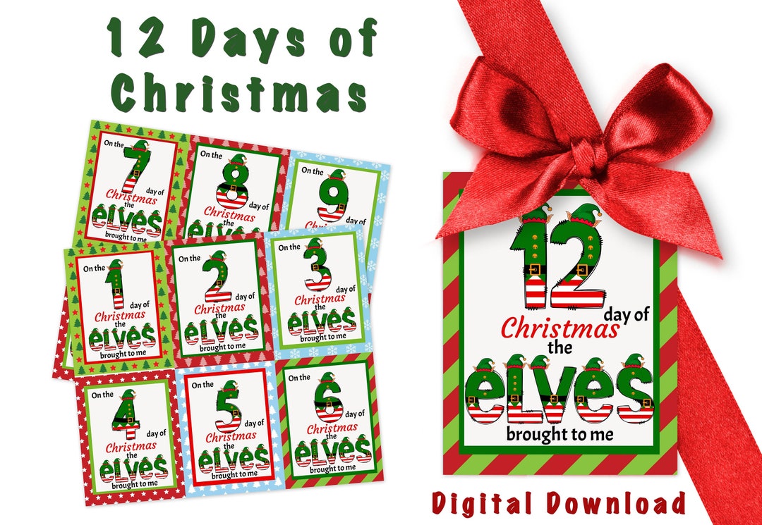 12 Days of Christmas Elves PRINTABLE Tags, Secret Santa Tags for ...