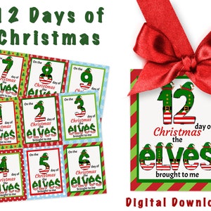 12 Days of Christmas Elves PRINTABLE Tags, Secret Santa Tags for ...