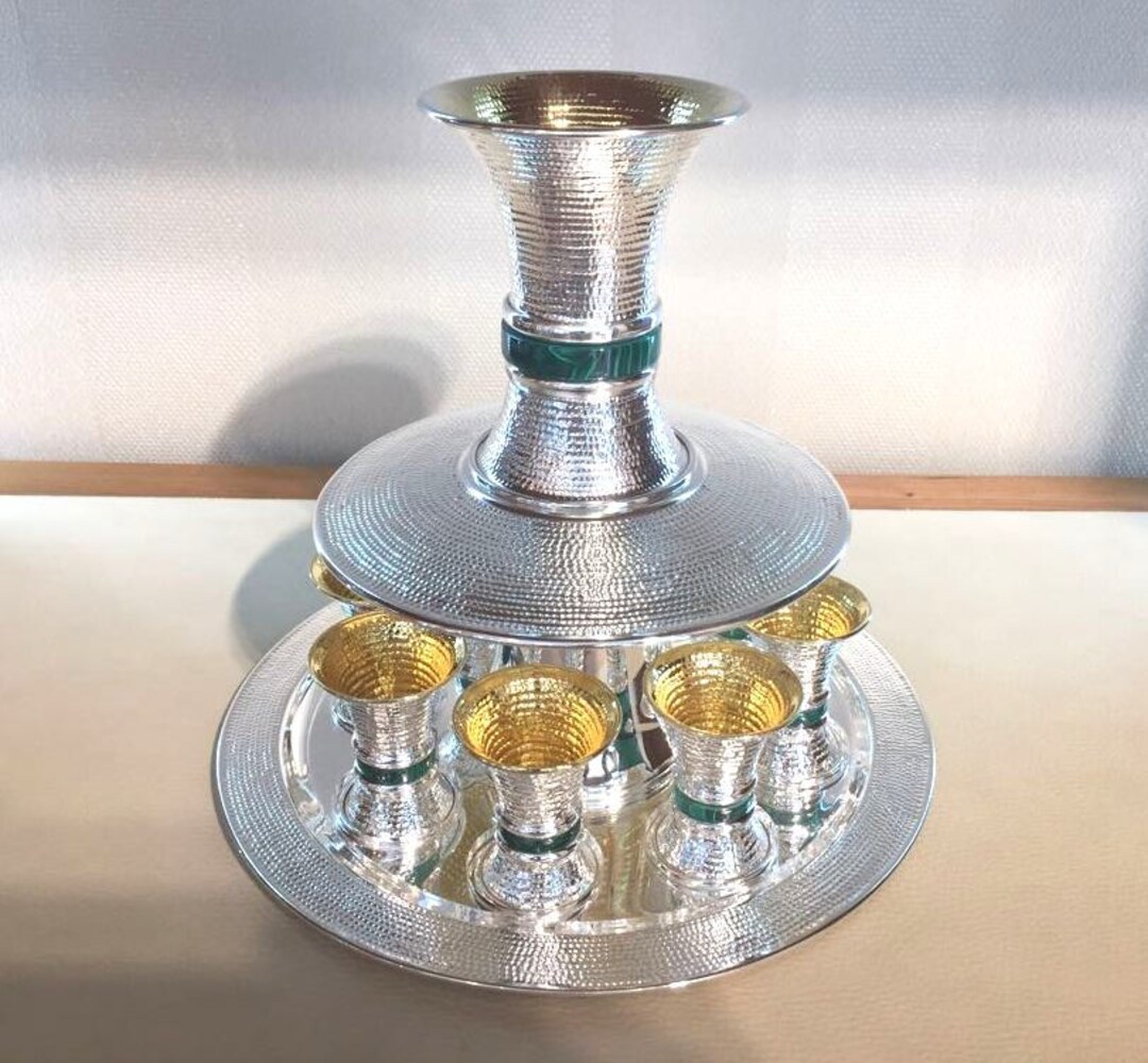 925 Silver Judaica Kiddush Wine Fountain Cups Goblet Hammered Hand Work ...
