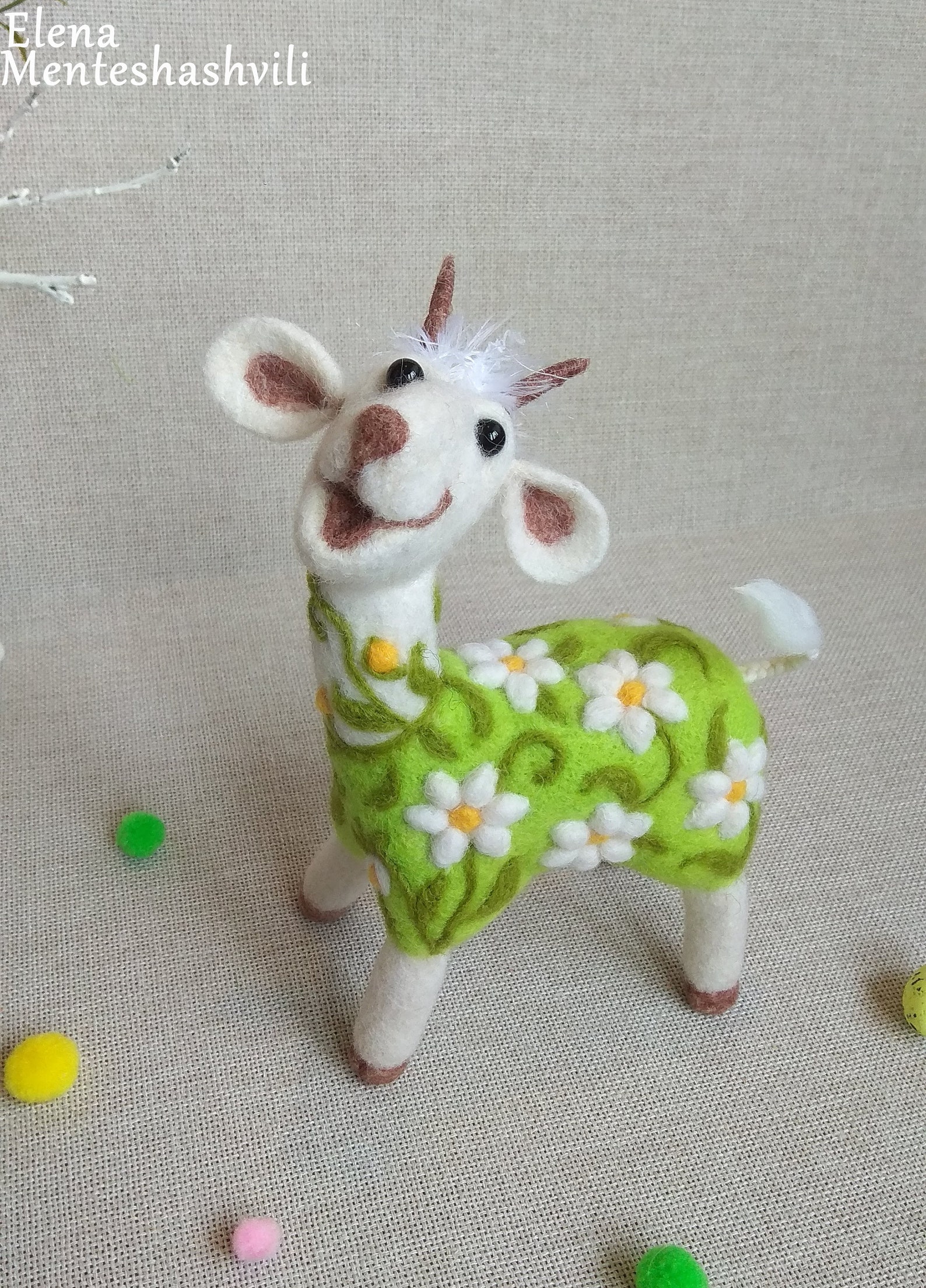 Funny Green Goat Figurine, Needle Felted Goat Toy With Flowers, Spring ...