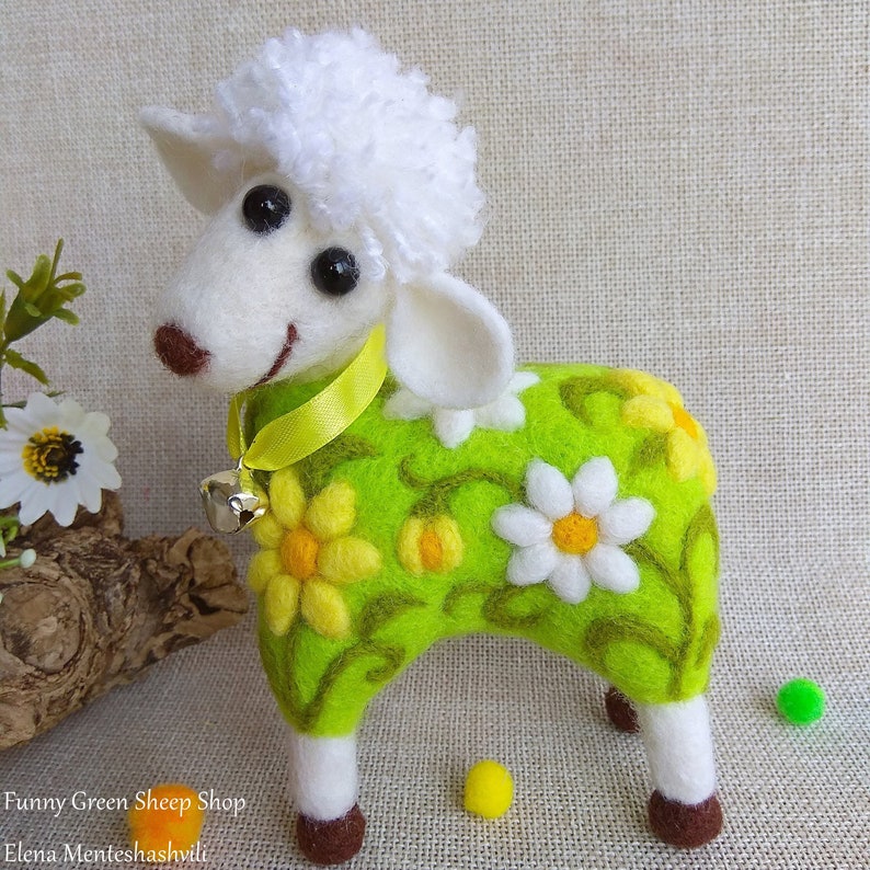 Easter Lamb Sheep Figurine, Needle Felted Funny Green Sheep Toy With ...