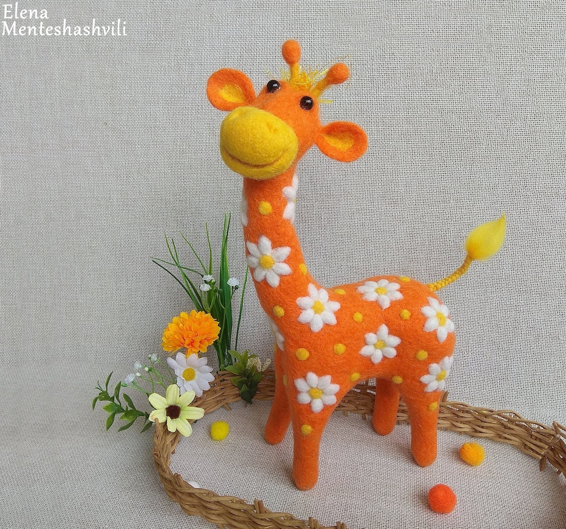 Funny Giraffe Needle Felted Animal Toy With Flowers for - Etsy