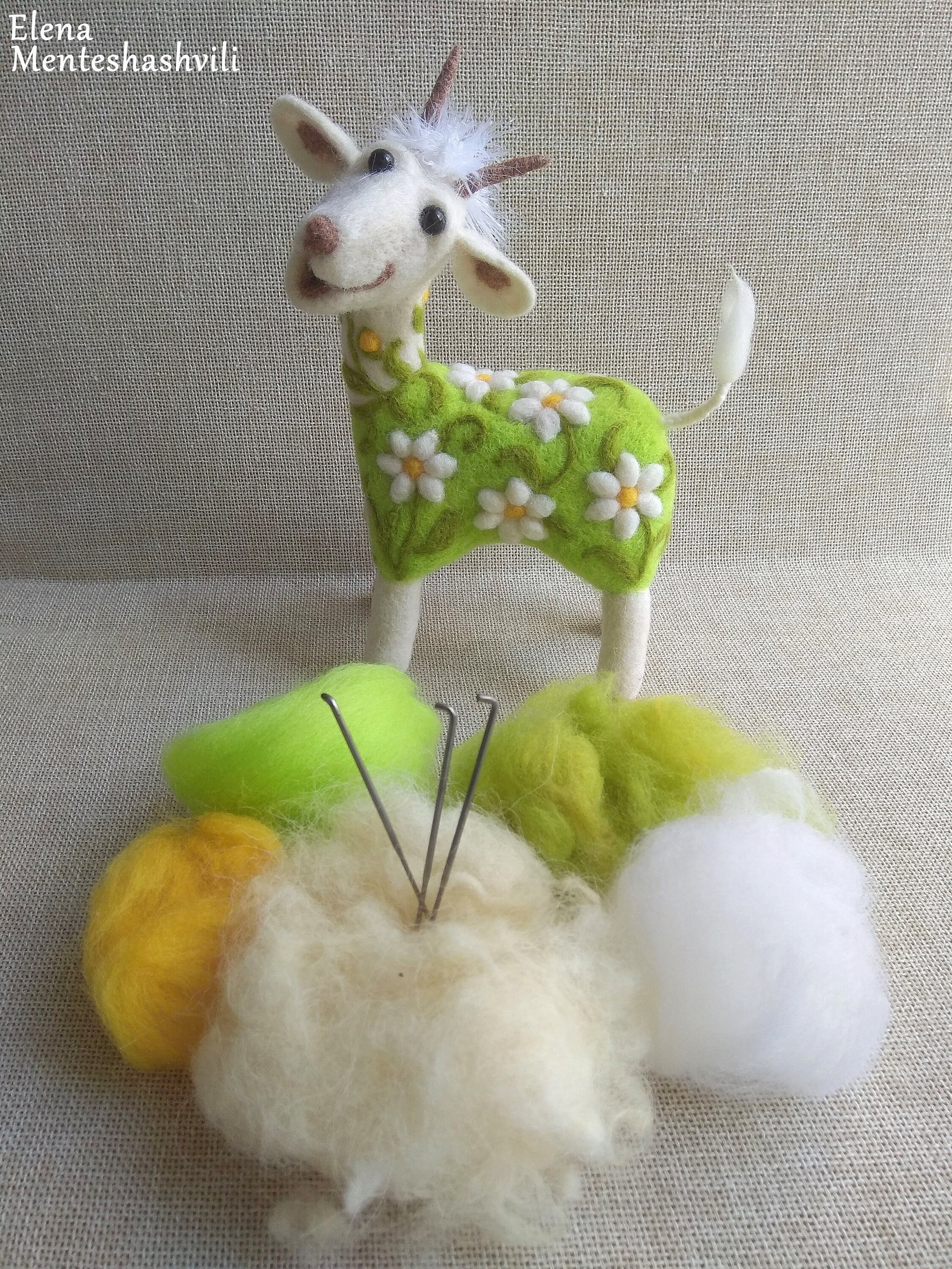 Funny Green Goat Figurine, Needle Felted Goat Toy With Flowers, Spring ...