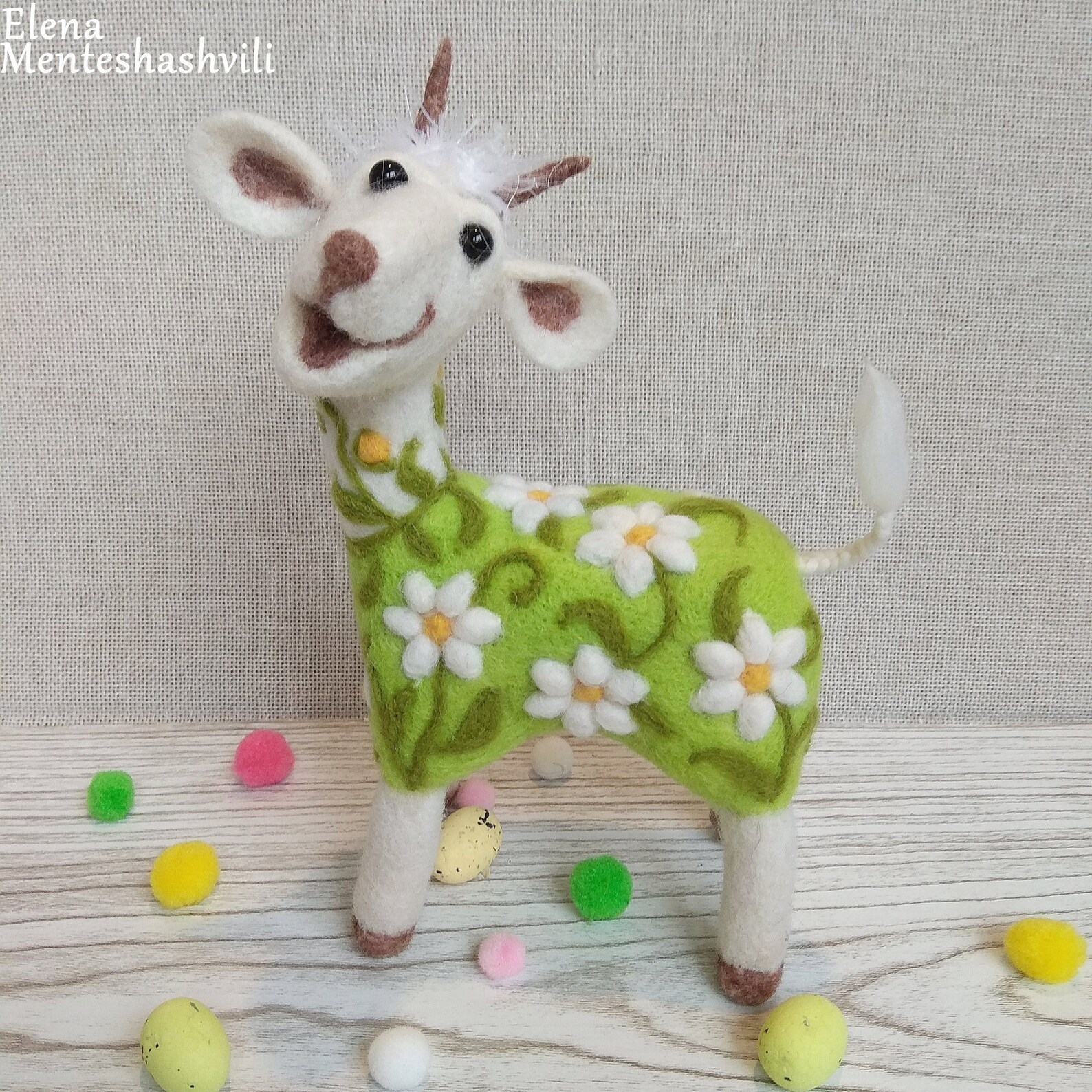 Funny Green Goat Figurine, Needle Felted Goat Toy With Flowers, Spring ...