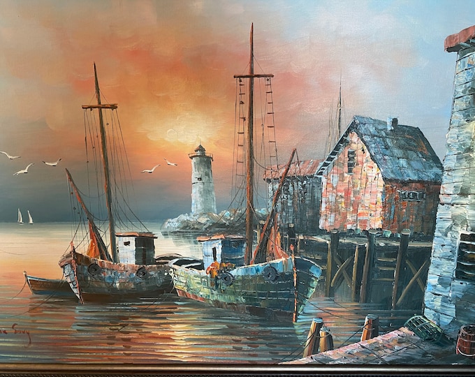 Vintage MCM Max Savy Oil Painting, MCM Harbor Scene, Oil Art Fishing ...