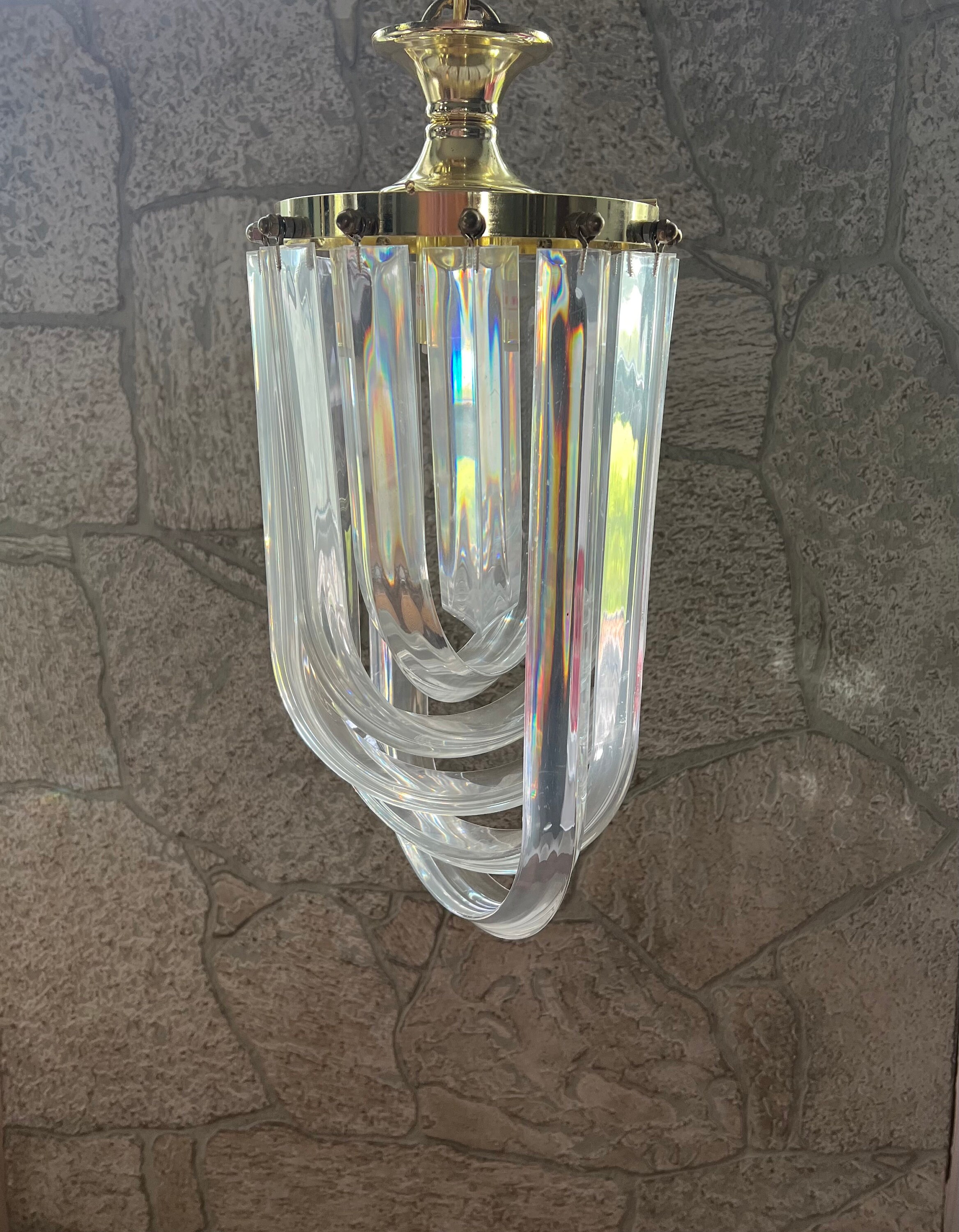 Lucite Ribbon and Brass Chandelier/ Hollywood Regency Lucite Light ...