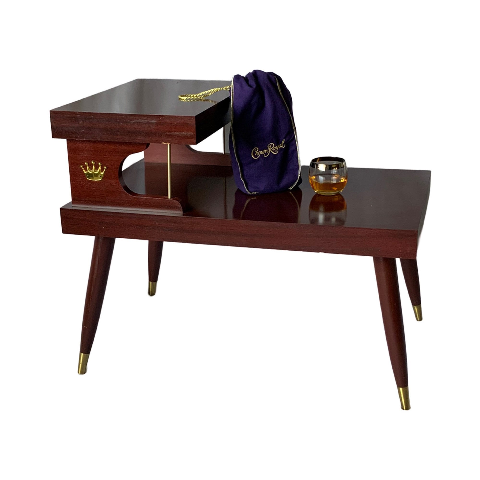 Two Tier End Table With Crown Emblem MCM Step End Table Dark Cherry Tone Gold Crown Emblem MCM Table Etsy