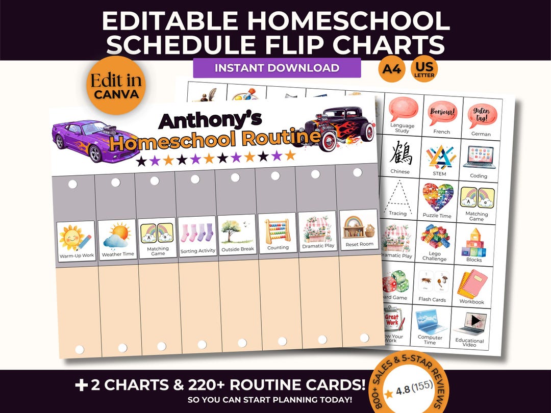 Editable Homeschool Schedule Flip Chart, Hot Cars Routine Cards ...
