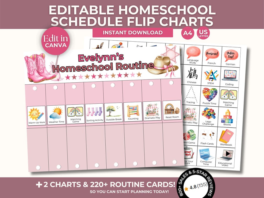 Editable Homeschool Schedule Flip Chart, Pink Cowgirl Routine Cards ...