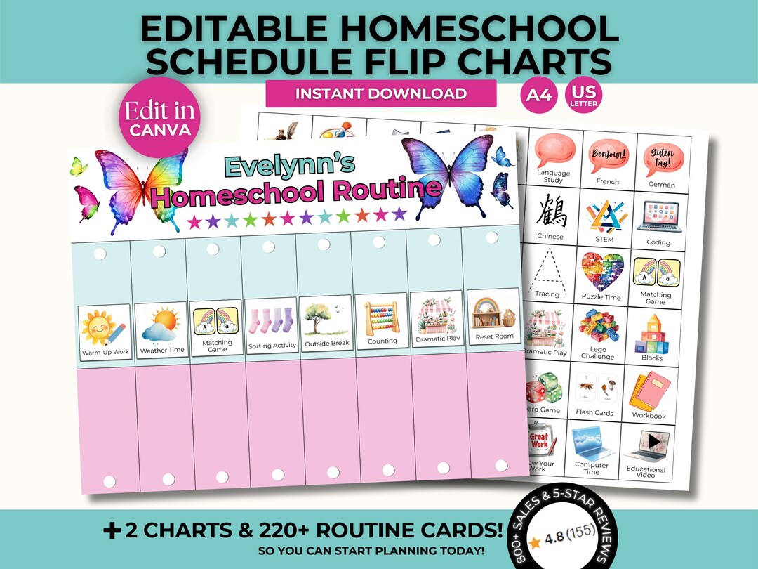 Editable Homeschool Schedule Flip Chart, Butterflies Routine Cards ...