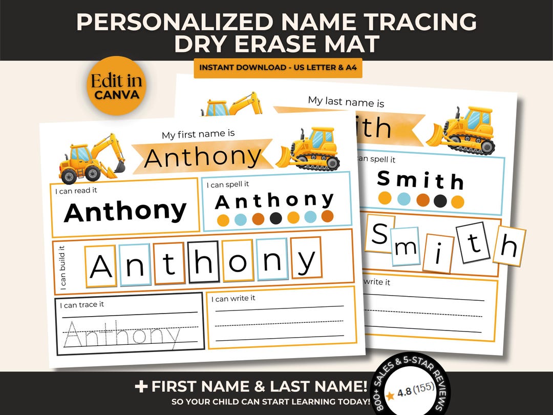 Personalized Name Tracing Dry Erase Mat, Construction, Preschool Name ...