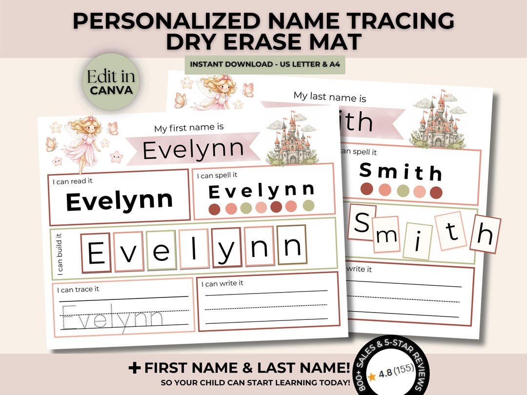 Personalized Preschool Name Tracing Mat, Fairy Princess Theme (canva ...