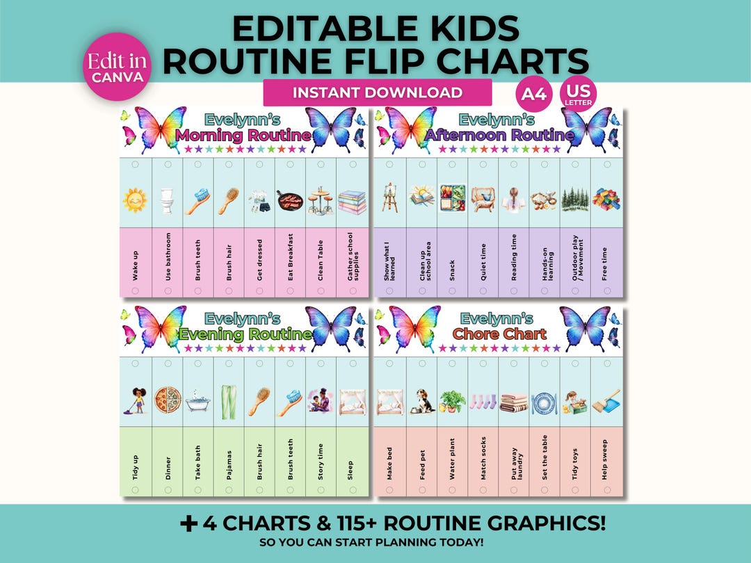 Editable Kids Routine Flip Charts, Toddler Visual Schedule, Butterflies ...