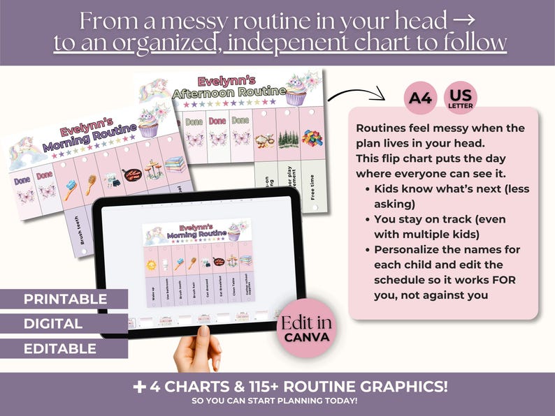 Editable Kids Routine Flip Charts, Toddler Visual Schedule, Rainbow ...