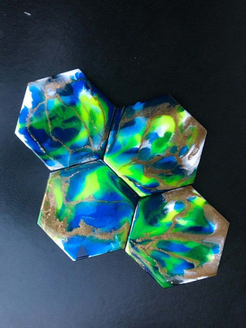 Four Hexagonal Wooden Coasters With Neon Green Fluorescent - Etsy