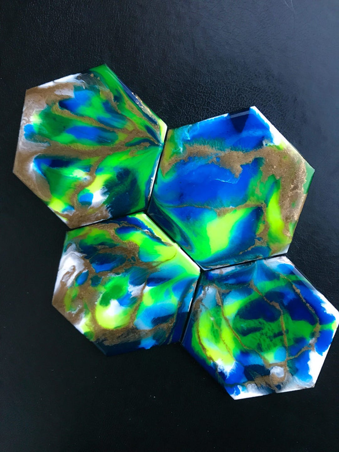 Four Hexagonal Wooden Coasters With Neon Green, Fluorescent Blue and ...