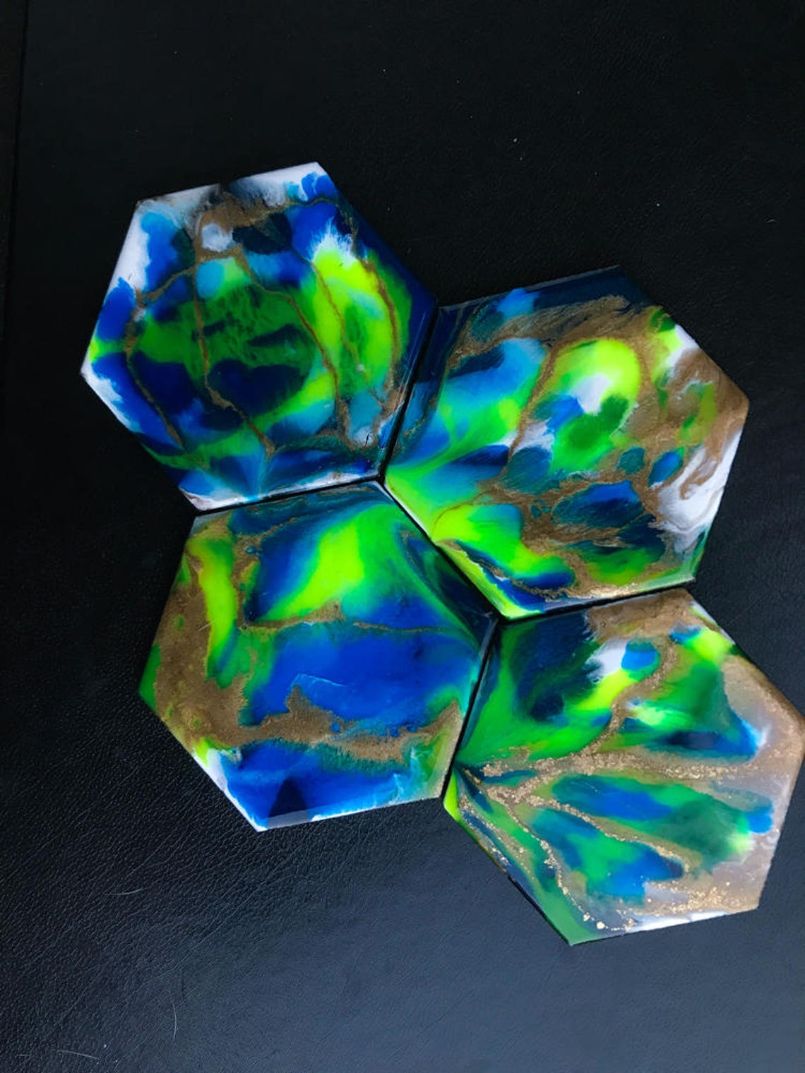 Four Hexagonal Wooden Coasters With Neon Green Fluorescent - Etsy