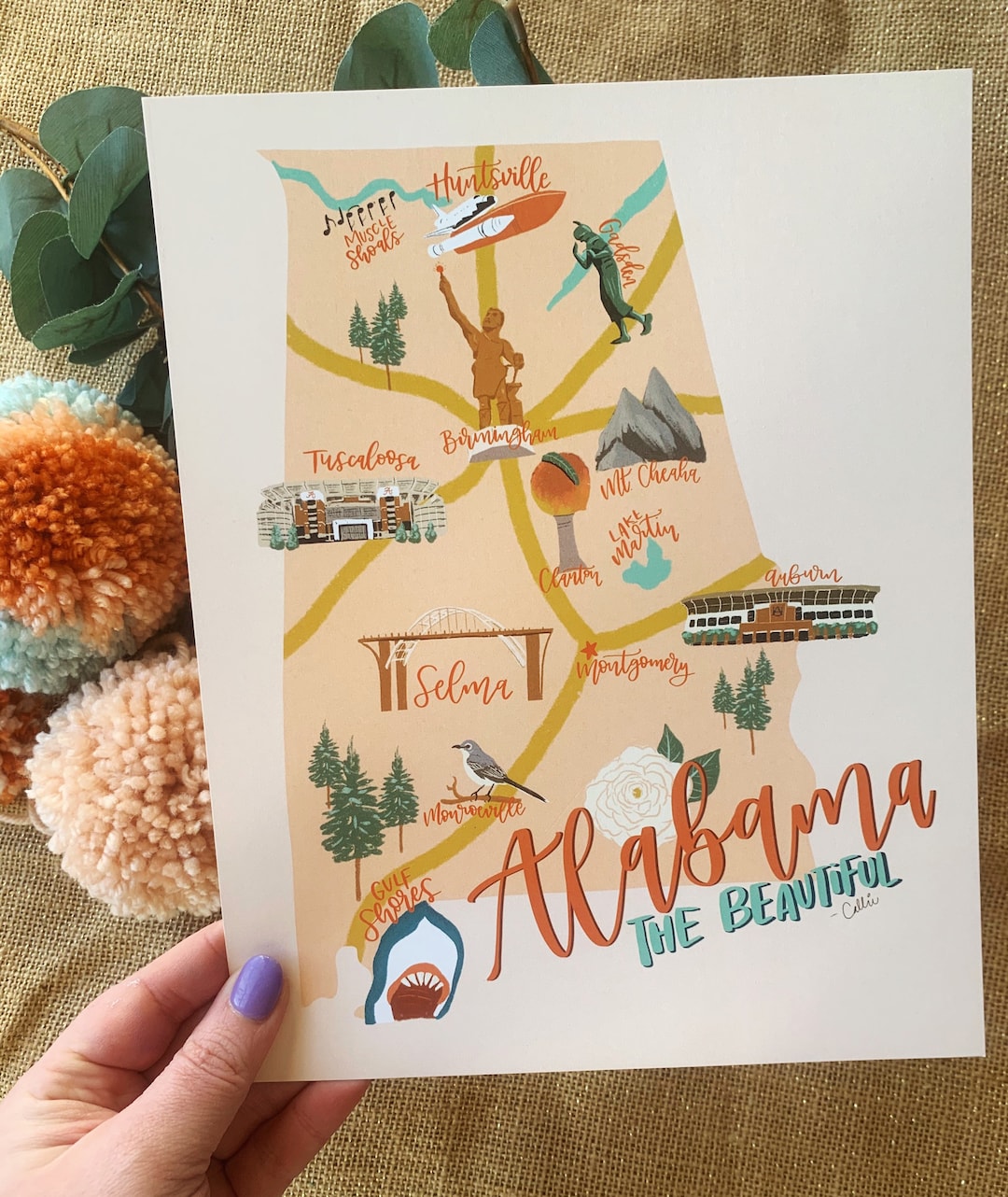 Alabama Landmarks Art Print, Physical Art Print, State of Alabama 8x10 ...