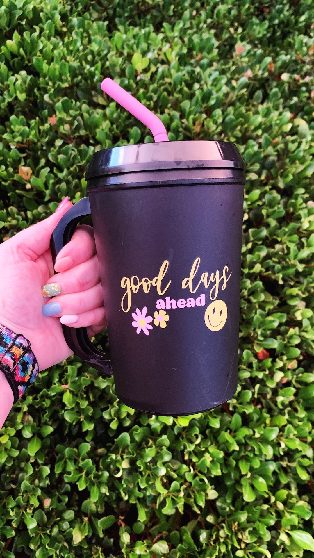 Retro Jumbo Thermos Mug, Good days ahead, happy face mug, Hand-lettered ...