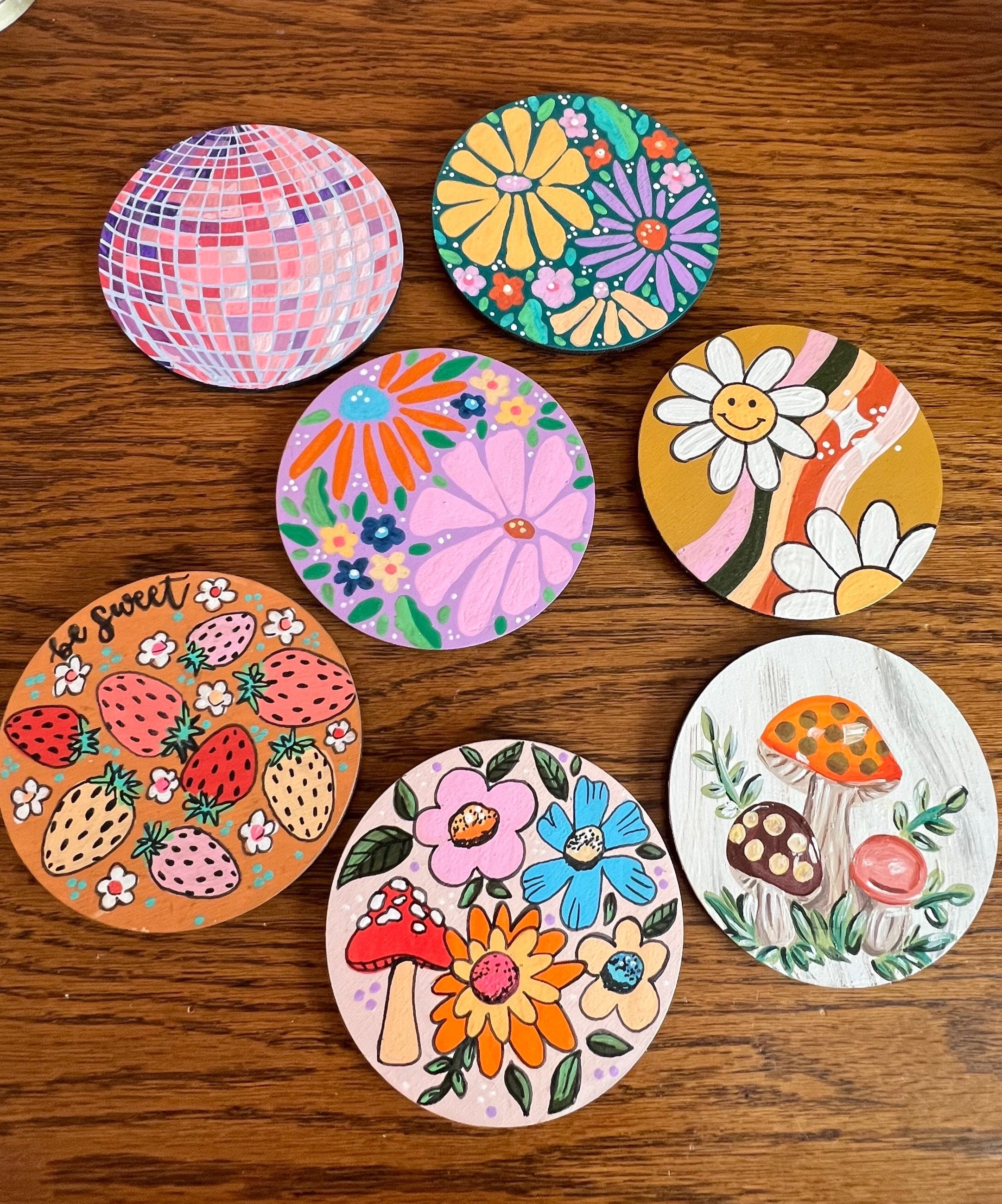 Retro Style Round Magnets, Hand Painted Wooden Magnets, Groovy Kitchen ...