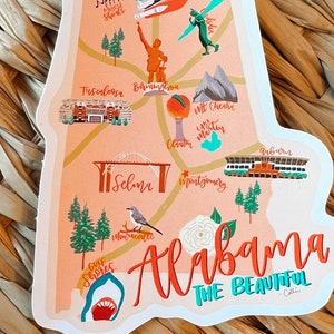Alabama Landmarks Vinyl Sticker, State of Alabama Sticker, Alabama Map ...