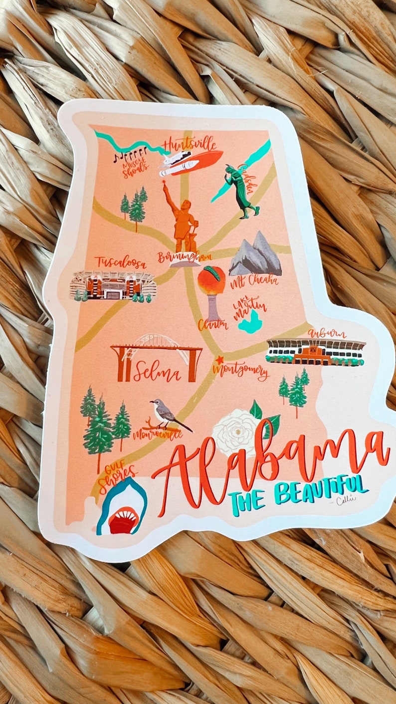 Alabama Landmarks Vinyl Sticker, State of Alabama Sticker, Alabama Map ...