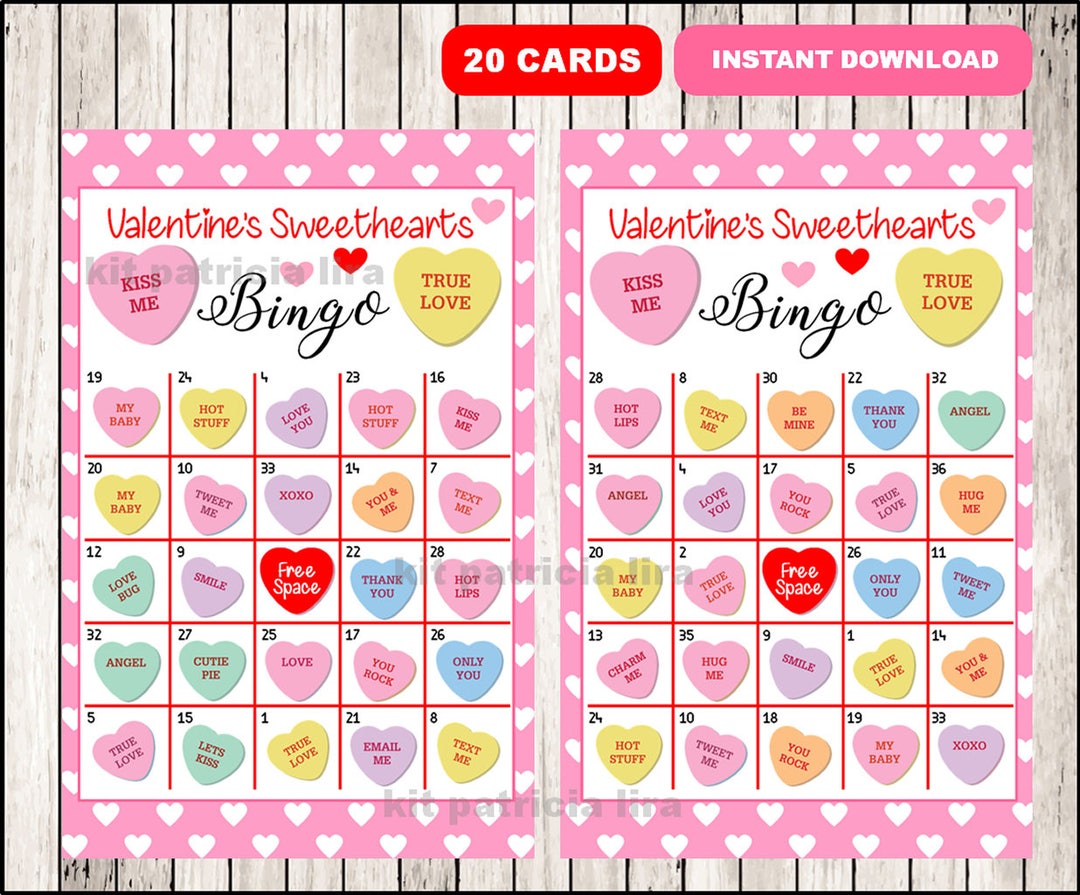 Valentine Bingo 20 Printable Valentine Sweethearts Holiday Party Bingo ...