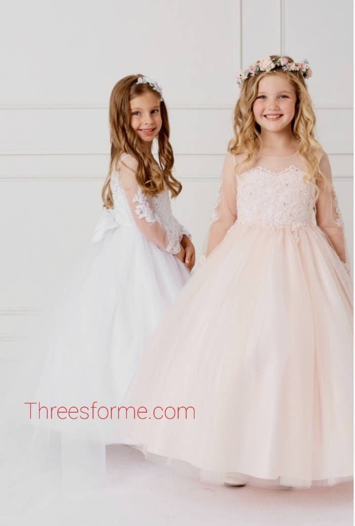 Flower Girl Lace Long Sleeve Dress With Detachable Tull Train - Etsy