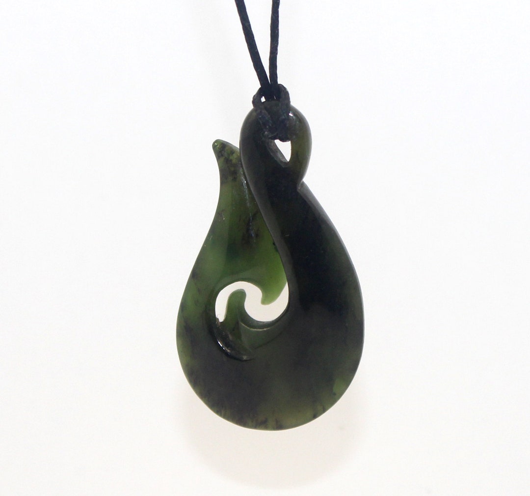 New Zealand Maori Fish Hook & Koru Greenstone Pendant - Strength, Peace ...