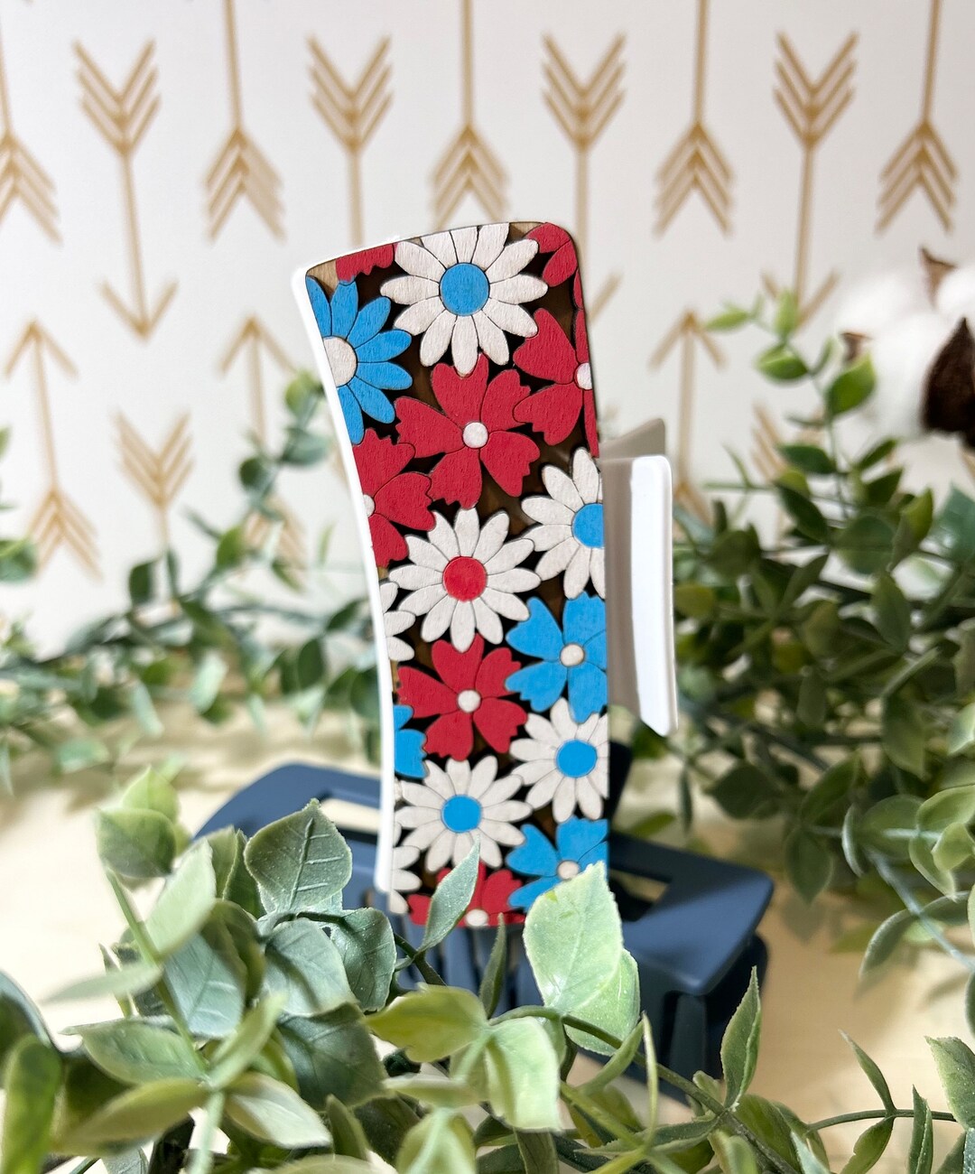 Red White and Blue Flower Hair Clip: Hand-painted Laser Engraved 4 ...