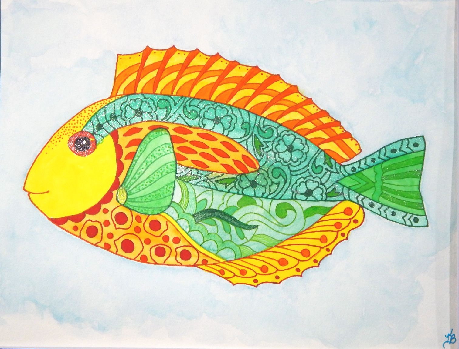 Green Whimsical Tropical Fish Mandala Watercolor Painting - Etsy