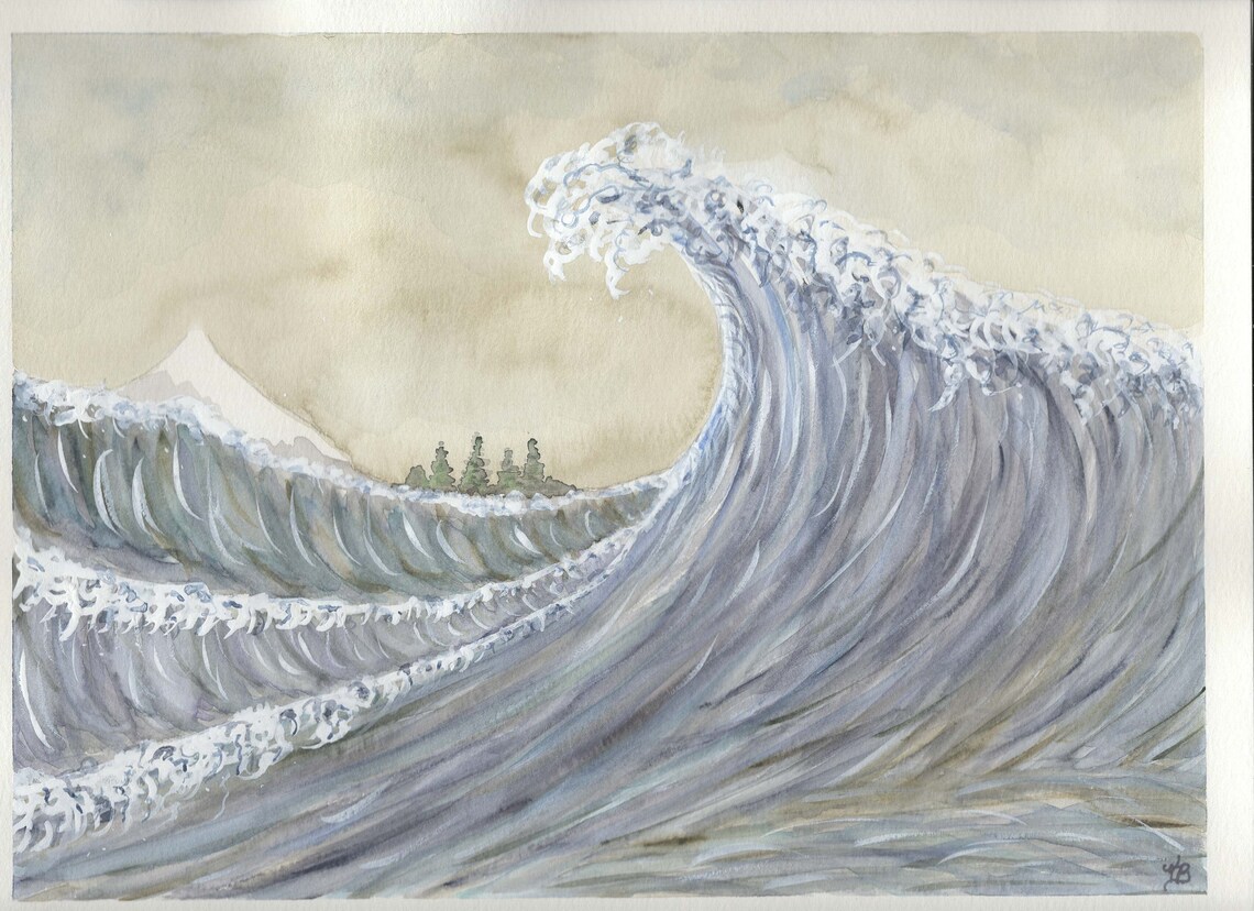 The Great Wave Original Watercolor Painting Mounted and Matted Home ...